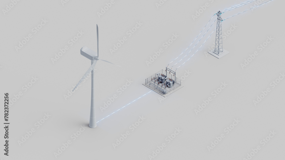 The wind turbine connected to the substation and to the power grid ...