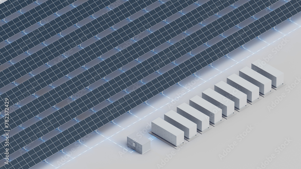A big solar farm connected to energy storage. Electricity flows from ...