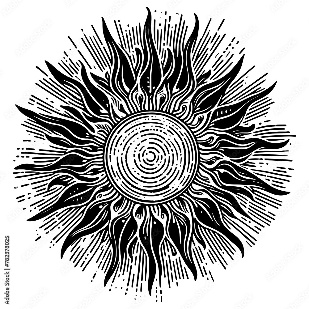 sun with radiating beams sketch engraving generative ai PNG ...