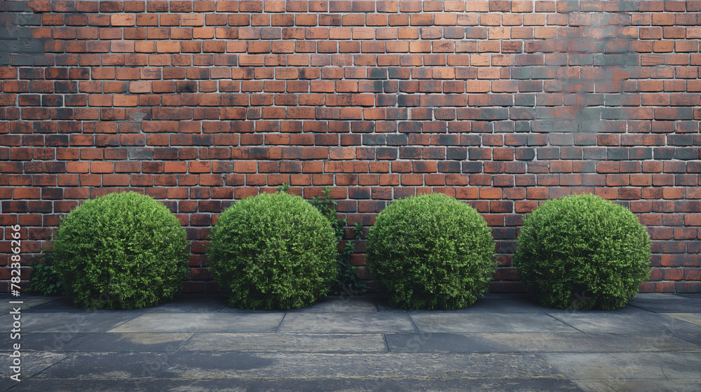 Four neatly trimmed round bushes line up against brick wall, symmetry ...