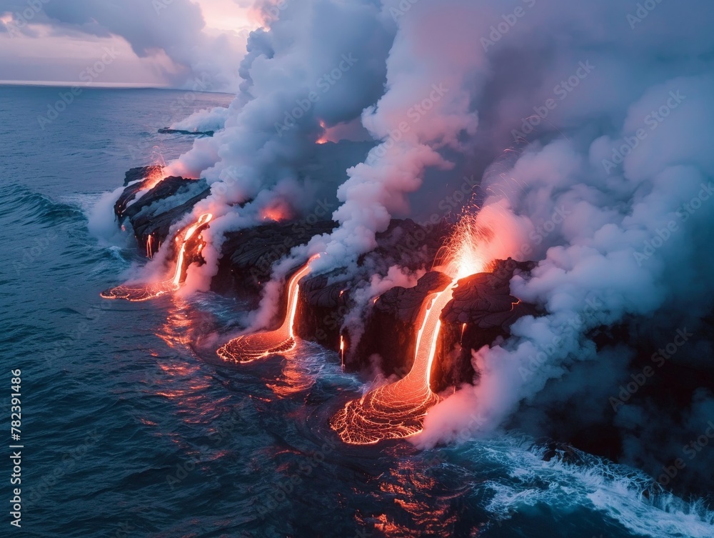 A dramatic spectacle unfolds as a stream of lava meets the ocean, with ...