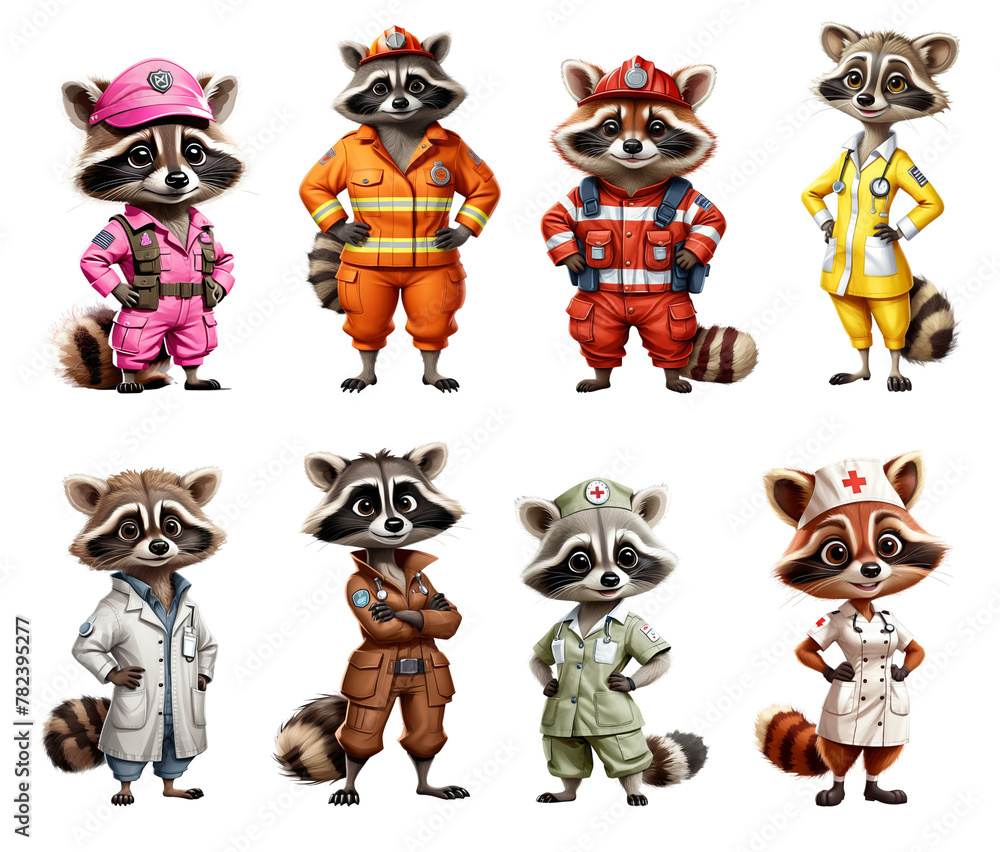 A set of cartoon caricatures of funny freaky raccoon characters in ...