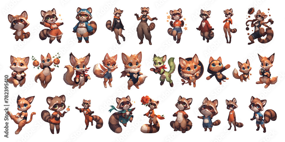 Set of cartoon funny freaky anime fox, raccoon, cat, girl character in ...