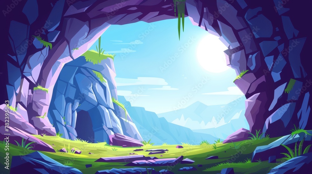 Cartoon illustration of cave entrance in a mountain with an empty copy ...