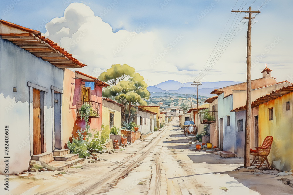Mexican street and cityscape painted in watercolor. The back alleys of ...