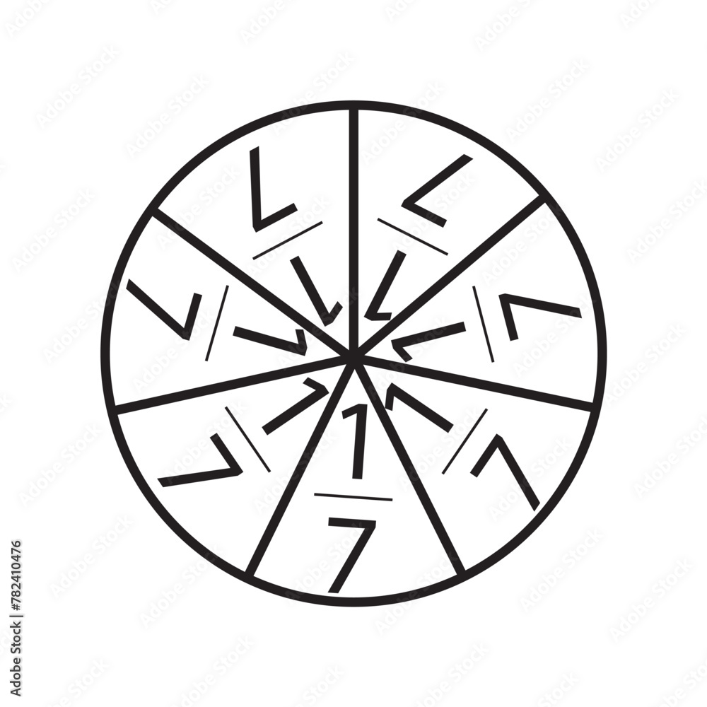 Fraction one-seventh in a circle sign. The circle is divided into seven ...
