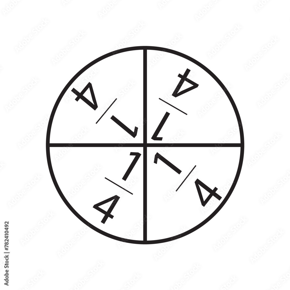 Fraction one-fourth in a circle sign. The circle is divided into four ...