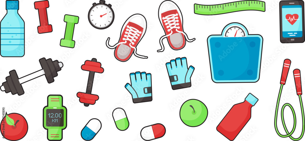 Gym equipment, sport exercise. Cartoon fitness accessory icon. Diet and ...