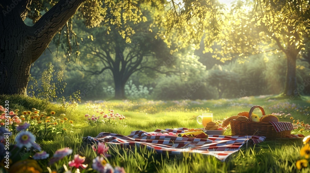 A picturesque scene of a birthday picnic in a sun-dappled meadow ...