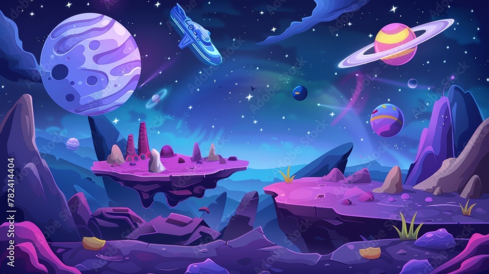 The level map for a 2D space game depicts platforms, alien landscape, a flying spaceship, and ...