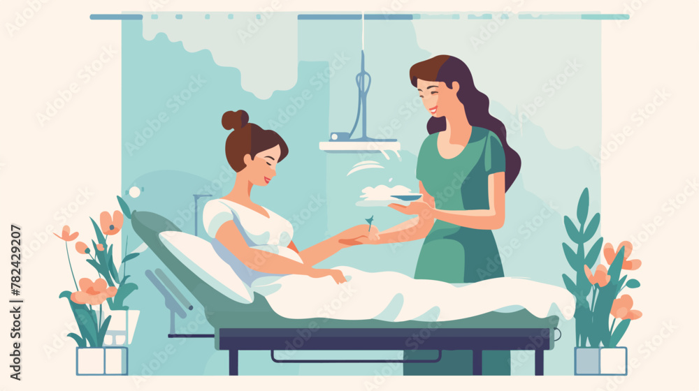 Cartoon midwife helping woman giving birth. Flat ve Stock Vector ...