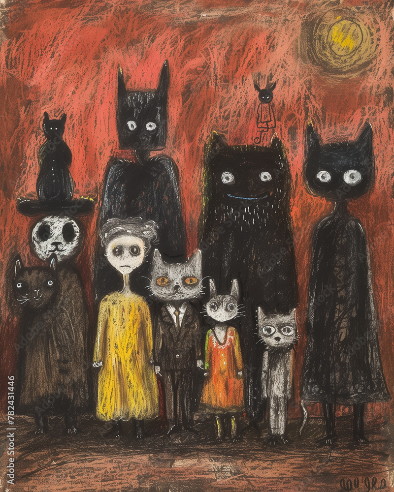 creepy little monster family, two wives, four cats, and two dogs, oil ...