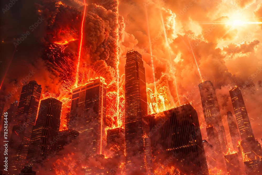 Red laser beams from space firing on city skyscrapers, sci fi, attack ...