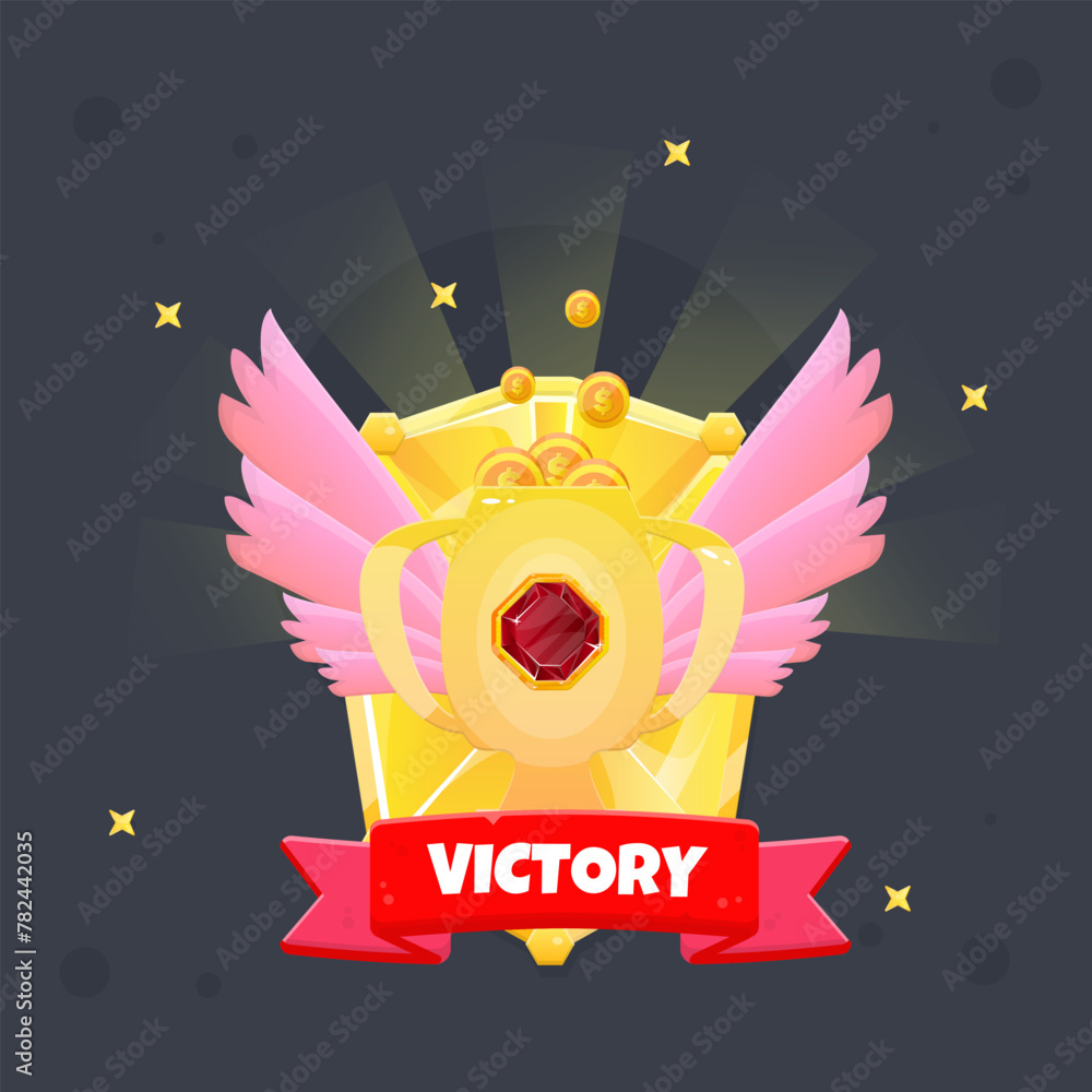 Game UI Victory Winner You Win Red Gem Golden Badge Cup Pink Wings ...
