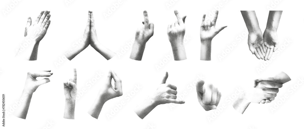 Trendy retro photocopy effect elements set. Various halftone hands ...