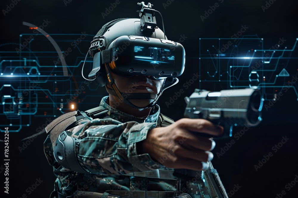 Soldier interacts with virtual reality. Futuristic holographic interface, GUI, HUD. Future ...
