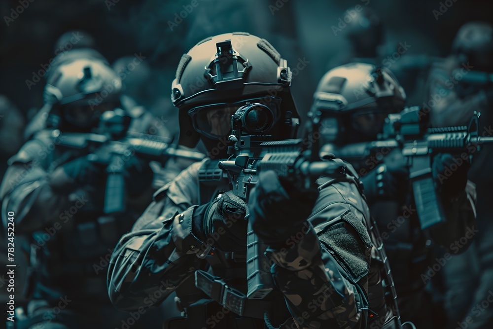 SWAT team in combat gear on a covert operation. Tactical unit with ...