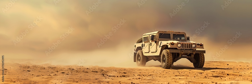 Armored military vehicle driving through the desert. Armed forces ...