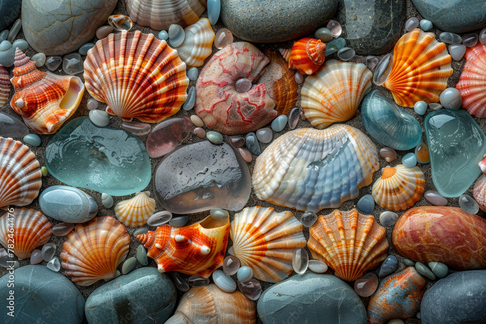 A mosaic of sea glass and shells, arranged to mimic the colors and ...