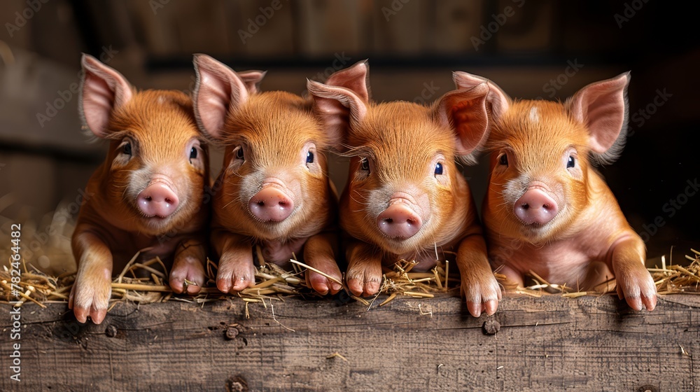Three little pigs seated together on a hay pile, atop a wooden plank ...