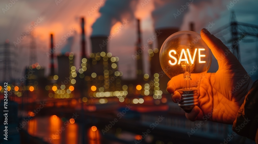 Hand pinching a light bulb with 'SAVE' neon sign against a backdrop of ...