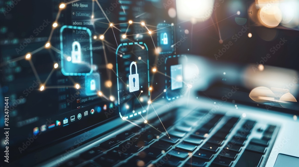 Digital security concept with padlock icons on a computer screen ...