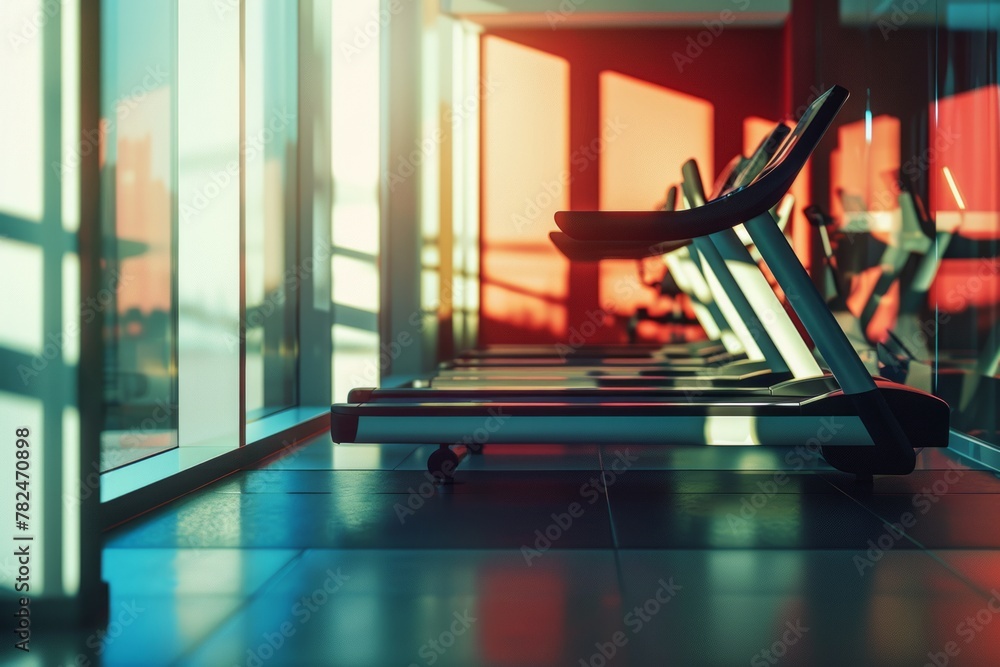 Sun-drenched gym with rows of treadmills facing floor-to-ceiling ...