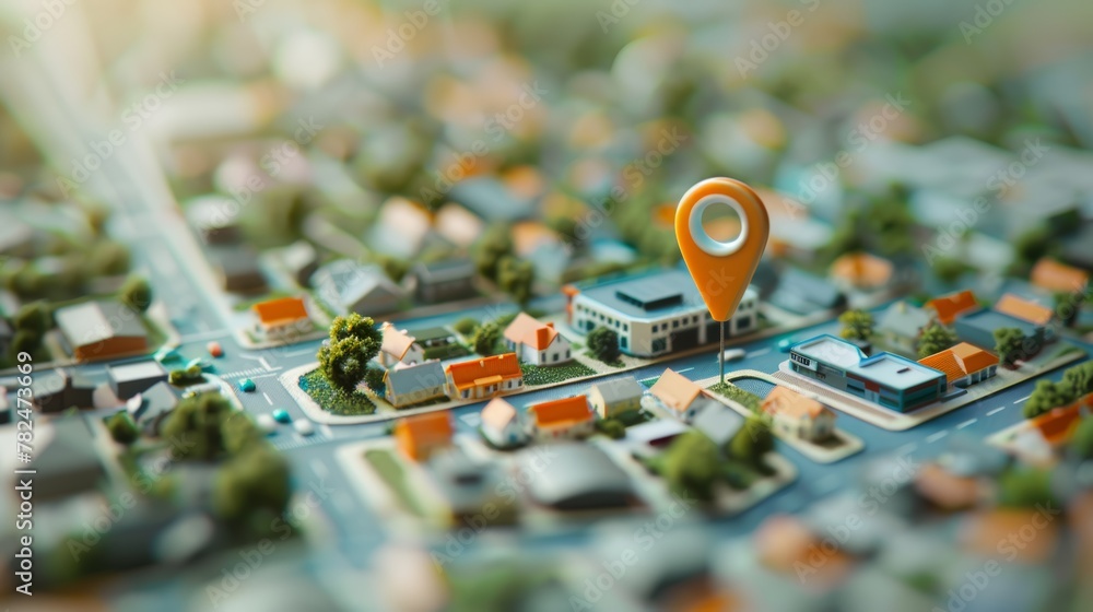 Miniature urban map with location pin. Detailed model city with ...