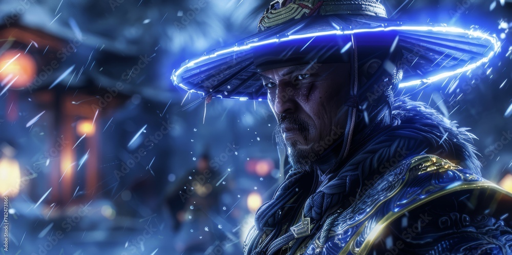 Digital art of samurai in traditional armor under snowfall, Japanese ...