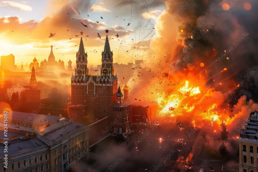 Fictional illustration of a russian city under attack - explosions ...