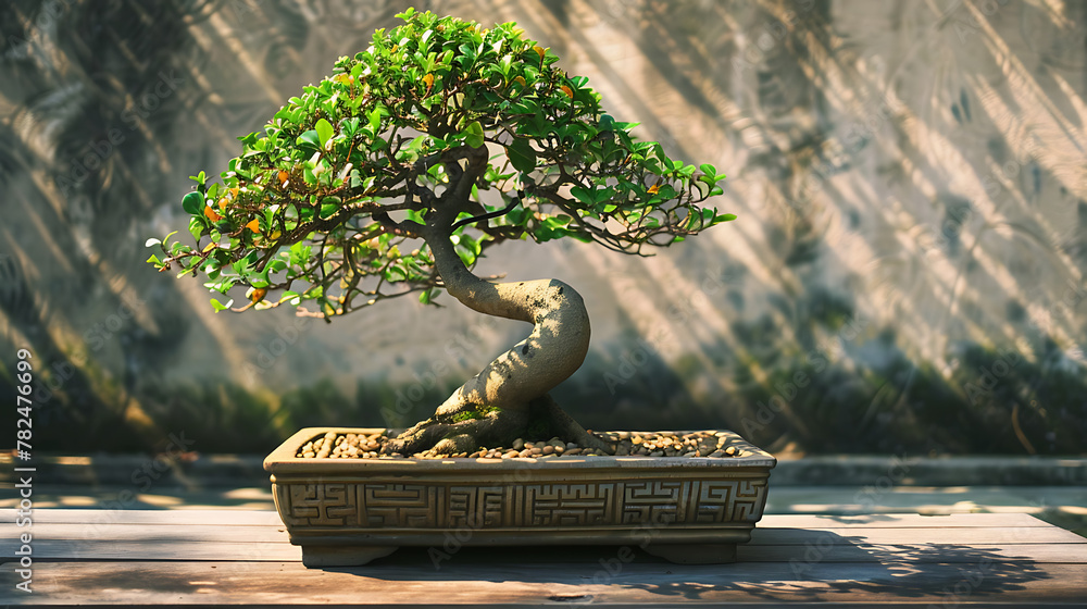 The focal point is a bonsai tree with lush green leaves. Its twisted ...
