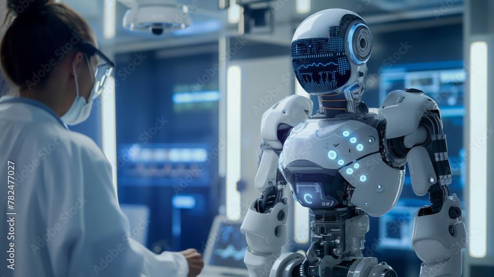 Scientist studies glowing robot in lab, merging human curiosity and ... Scientist studies glowing robot in lab, merging human curiosity and ...