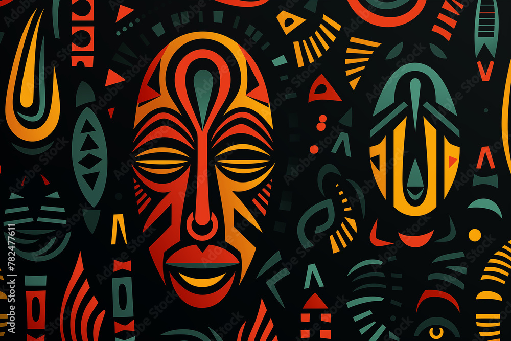 Tribal Ethnic African pattern in red, yellow, and blue on black ...