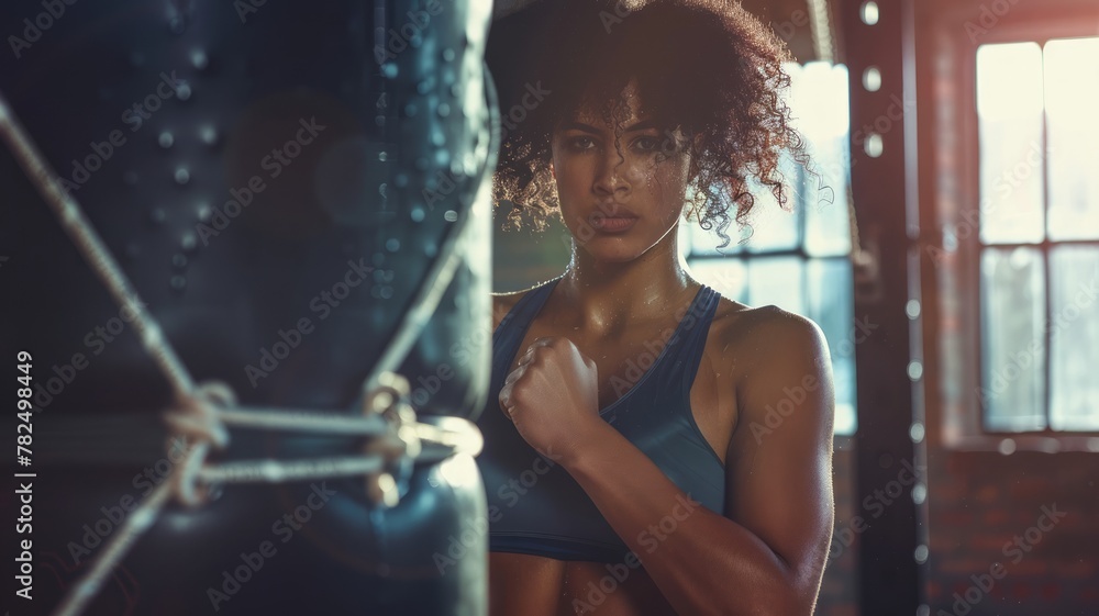 African American female boxer in boxing gym with punching bag. Athletic ...