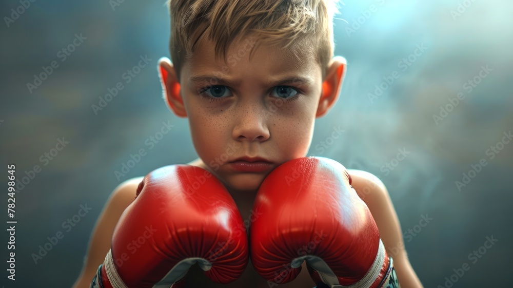 Focused Boy in red boxing gloves. Young boxer ready to train. Child ...