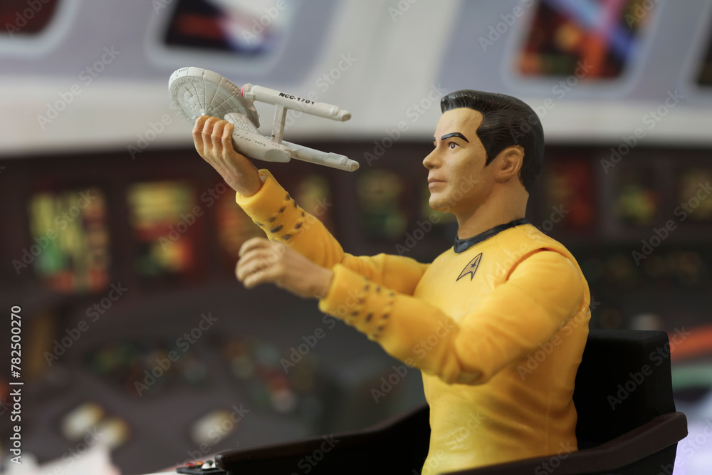 NEW YORK USA, JULY 11 2018: Star Trek Captain James T Kirk playing with ...