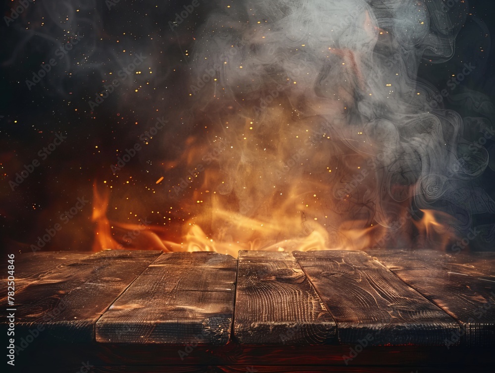 Wooden table with fire burning at the edge, emitting fire particles ...