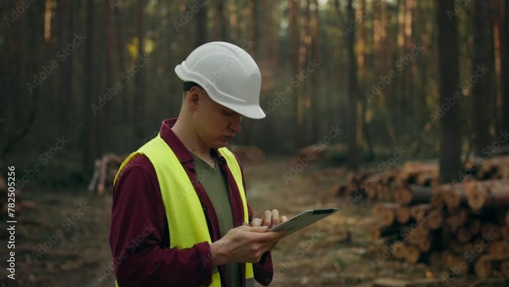 A senior engineer lumberjack looks at the screen of his work tablet ...