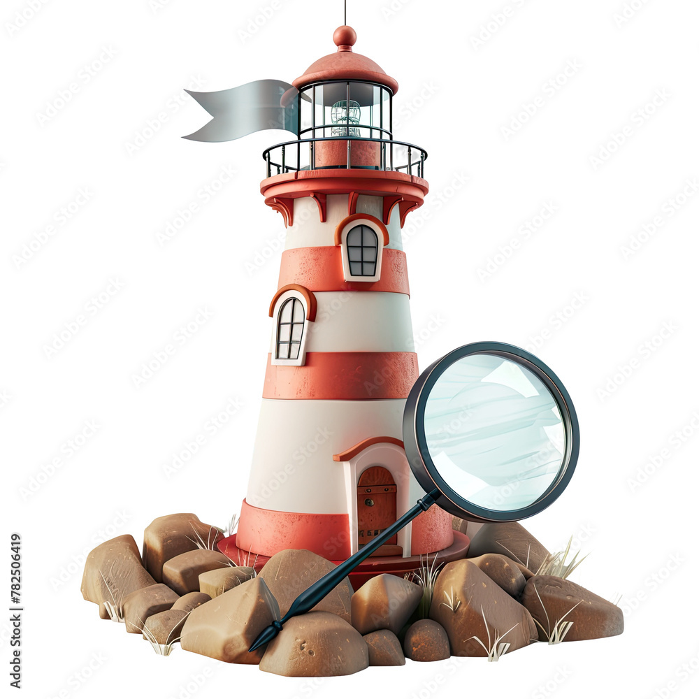 Whimsical cartoon lighthouse uses a magnifying glass to examine tiny ...