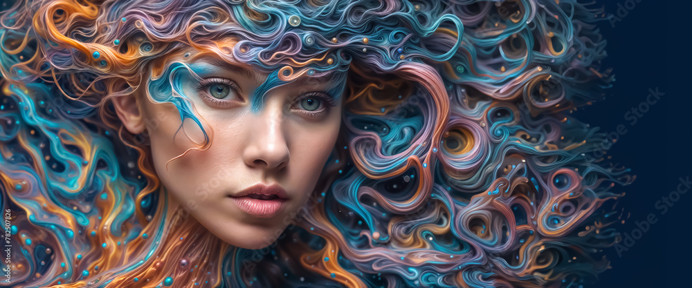 Fantasy lovely girl. Surreal woman. Long multi-colored hair. The hair ...