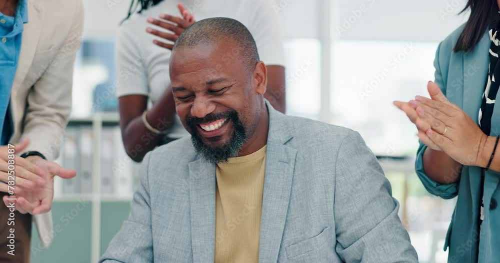 Clapping hands, celebration and business people in office with ...