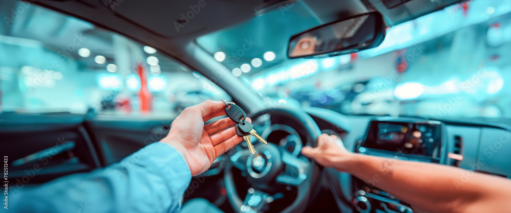 Hand holding car keys inside a vehicle, focus on the decision moment of ...