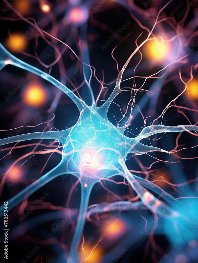 Close-up of activated glowing neurons firing in the brain. Detailed ...