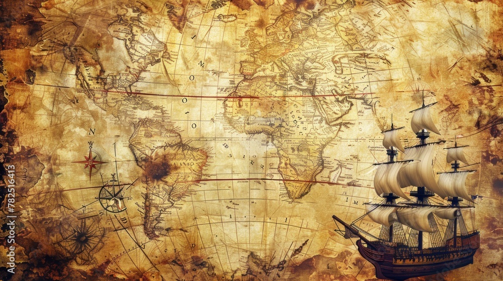 old map of the world with all the continents and a large ship sailing ...