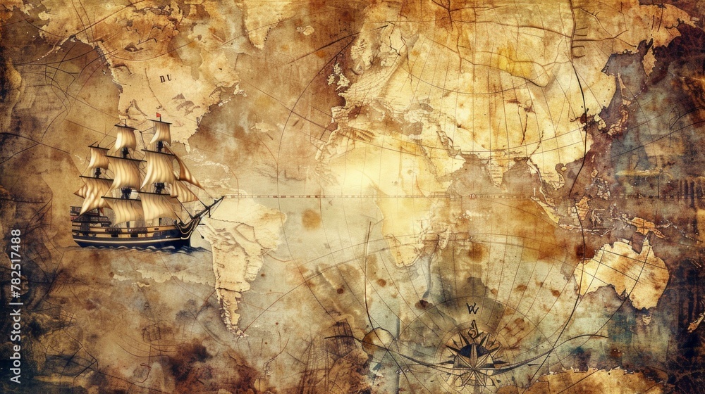 old map of the world with all the continents and a large ship sailing ...
