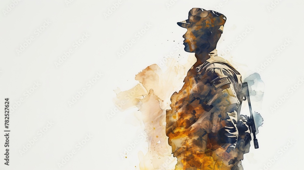 Evocative side view watercolor illustration of an American soldier with ...