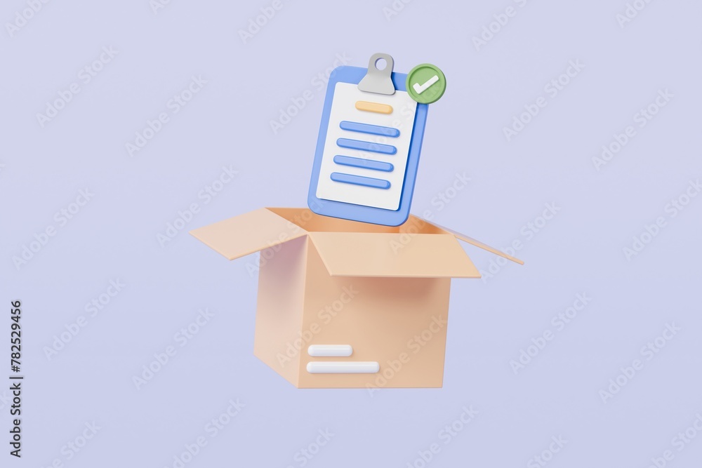 3D Cardboard box and clipboard with order checklist, correct, confirm ...