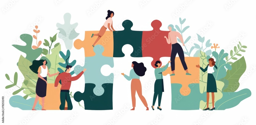 diverse people working together to build puzzle pieces, representing ...