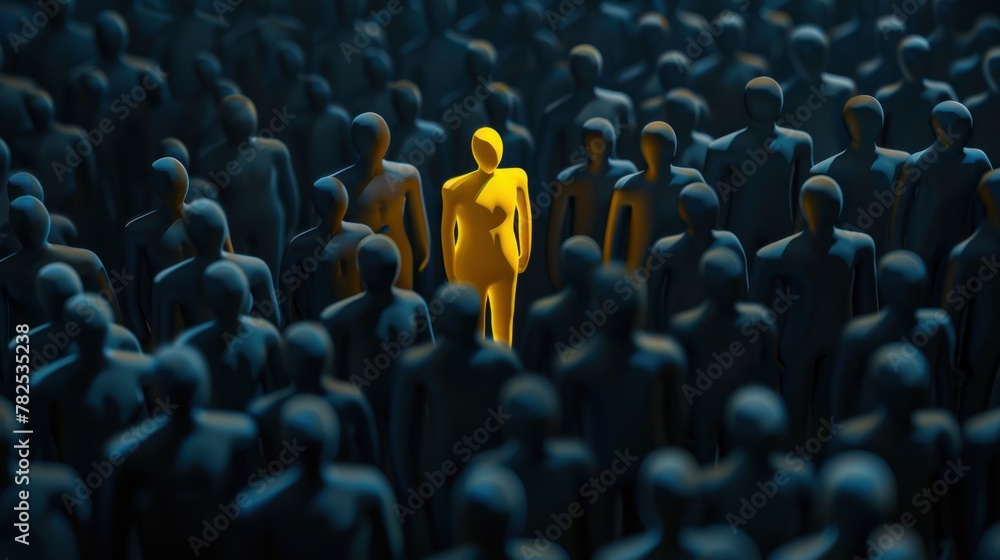 3d illustration a human shape in yellow color between many humans shape ...