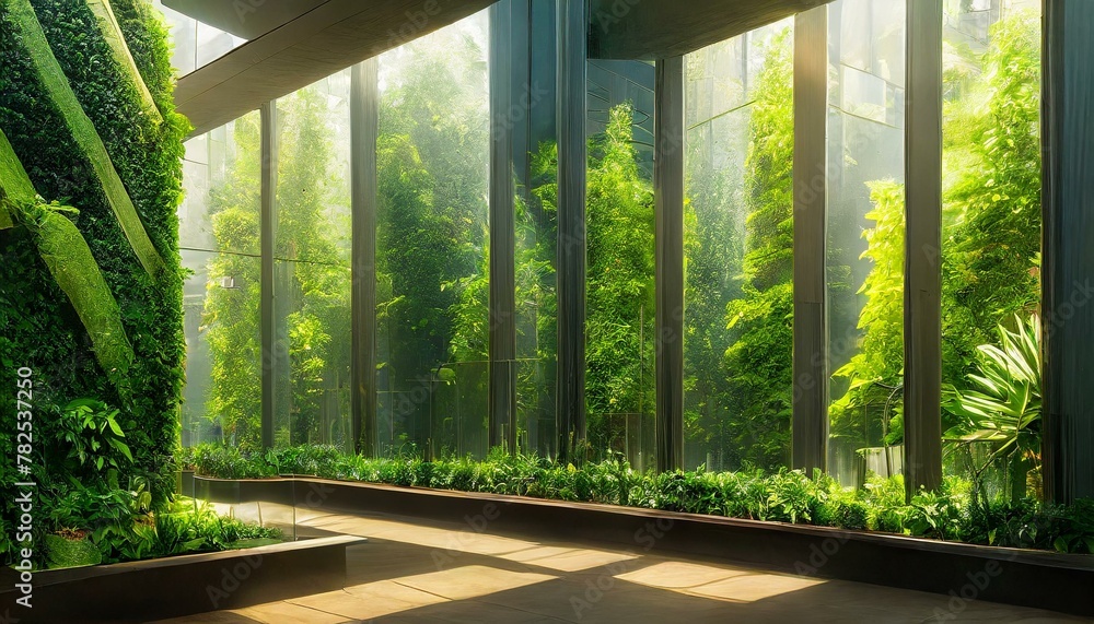 Green architecture. Green wall with plants growing inside building ...